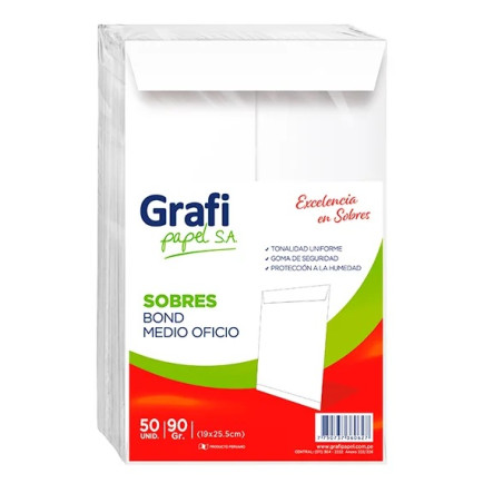 SOBRE BLANCO 90 GR 1/2 OFICIO 19 X 25.5 GRAFIPAPEL